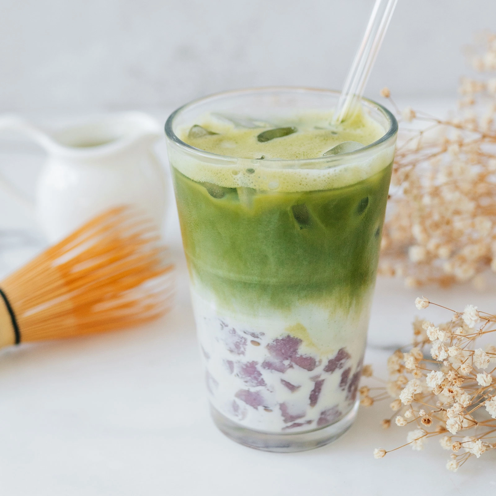 Matcha Latte with Mini Taro Balls - Chloe Ting Recipes
